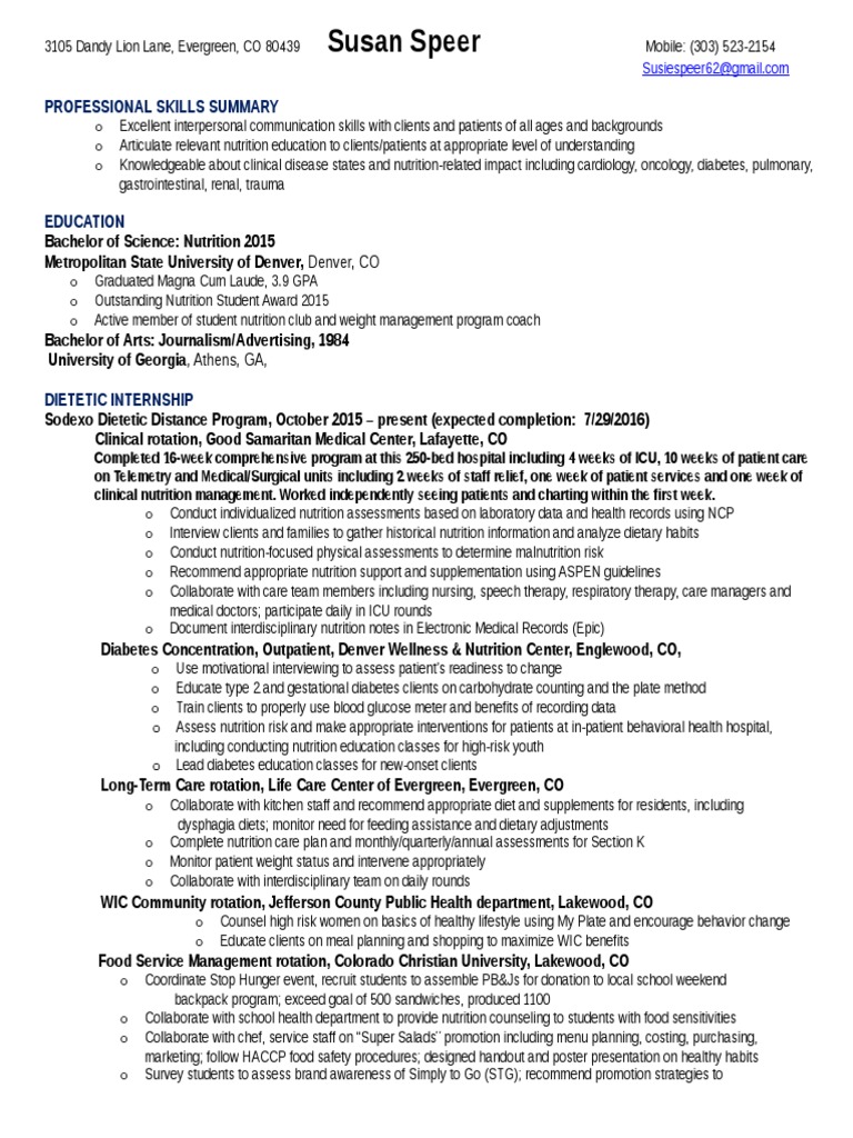 Susan Speer Resume | PDF | Wic | Nutrition