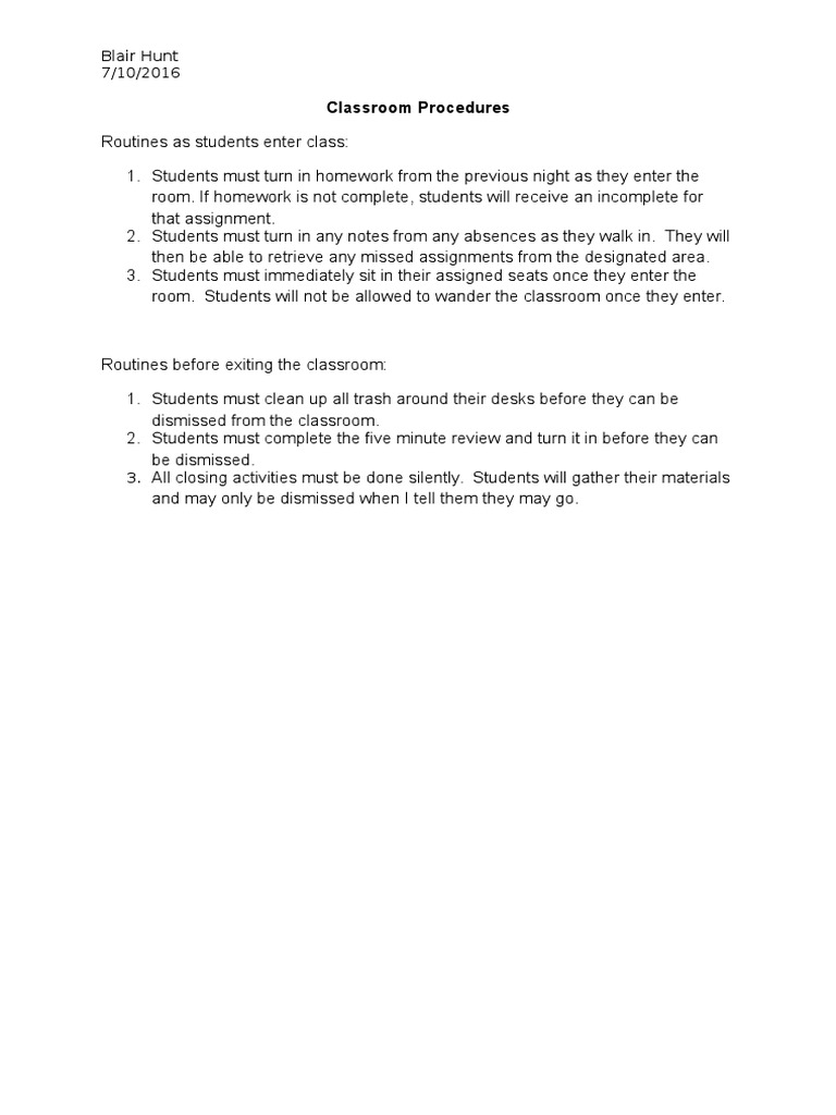 Classroom Procedures and Routines | PDF