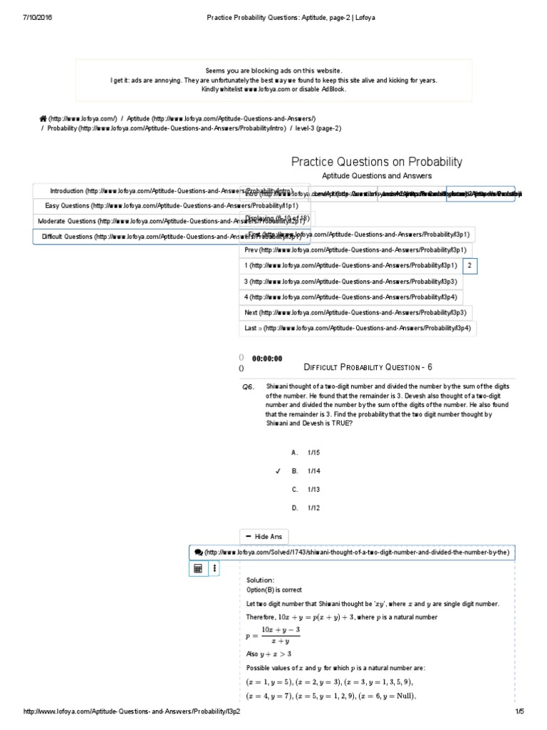 Practice Probability Questions - Aptitude, Page-2 - Lofoya | PDF ...