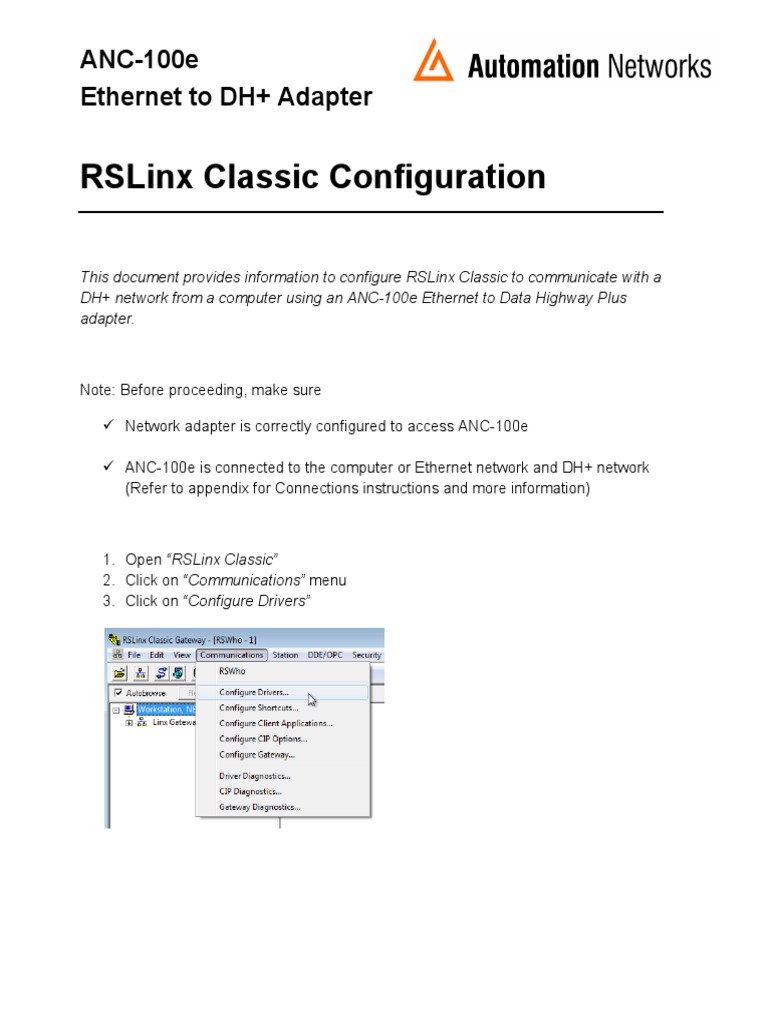 ANC-100e RSLinx Ethernet IP To DH+ Classic Configuration - M2A2 | PDF | Node (Networking) | Ethernet