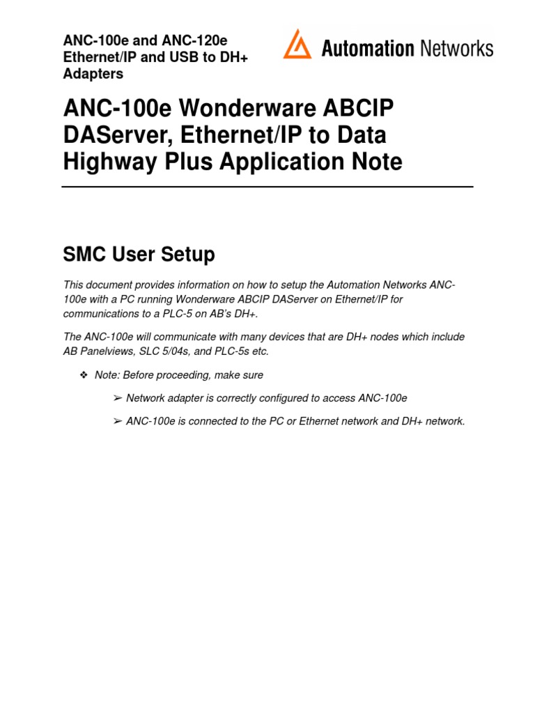 ANC 100e Wonderware ABCIP DAServer EthernetIP To DH Application Note ...