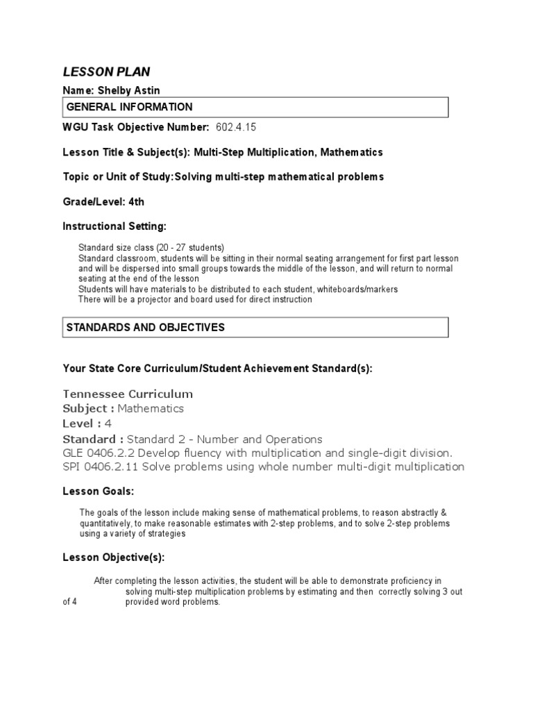 Lesson Plan: Tennessee Curriculum Subject: Mathematics Level: 4 ...