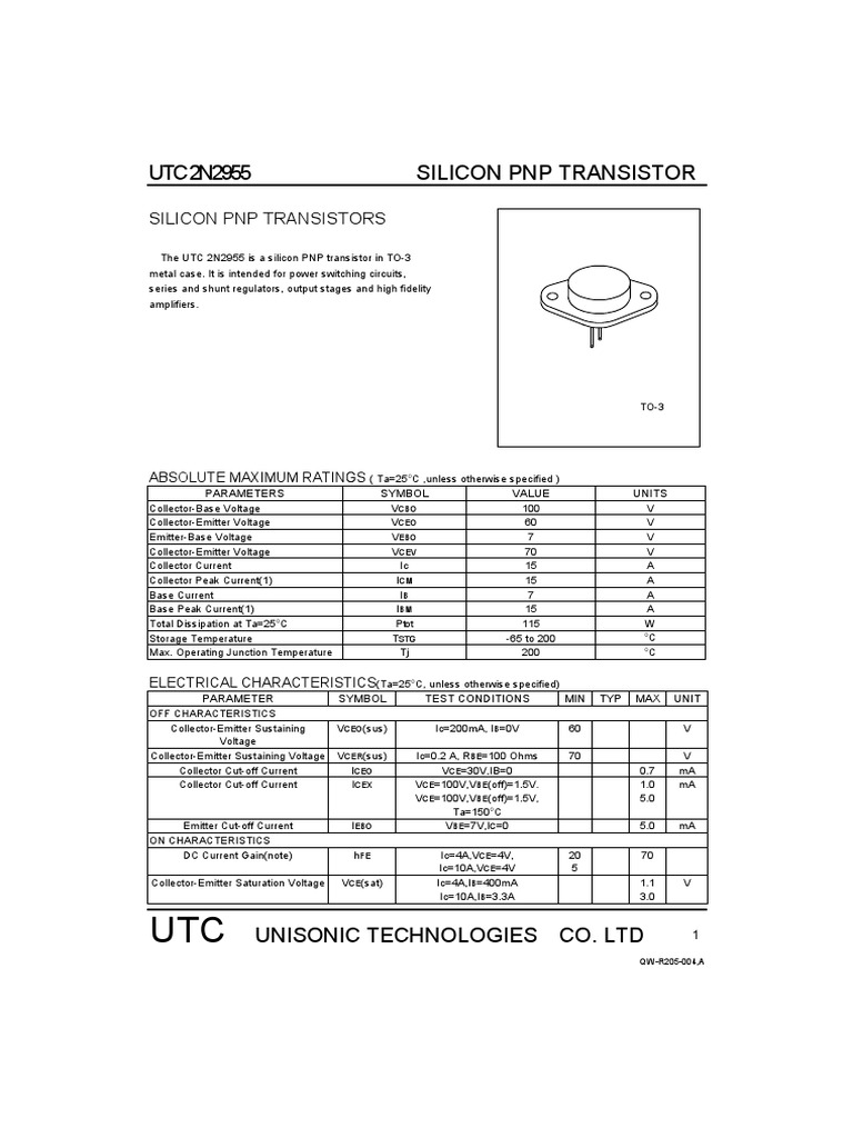 2N2955 PNP Power Transistor Datasheet | PDF