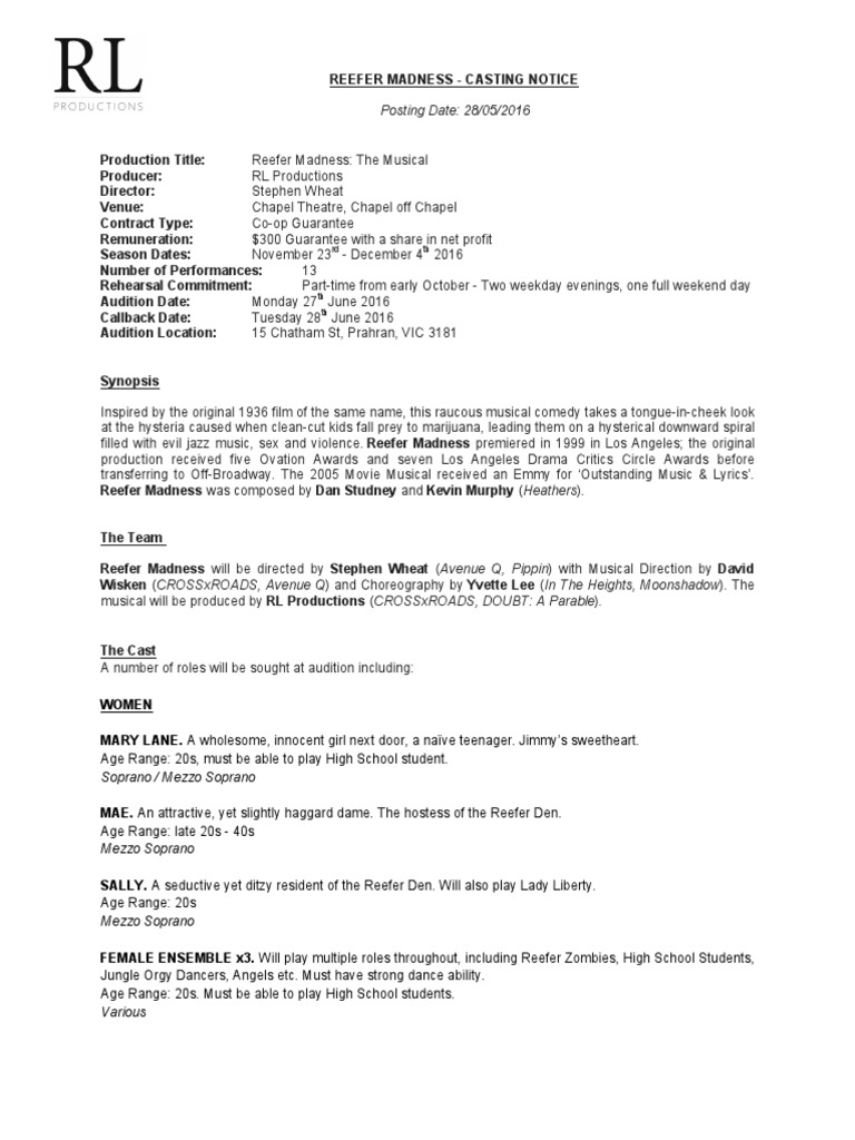 Reefer Madness - Audition Brief - RL Productions | PDF | Performing ...