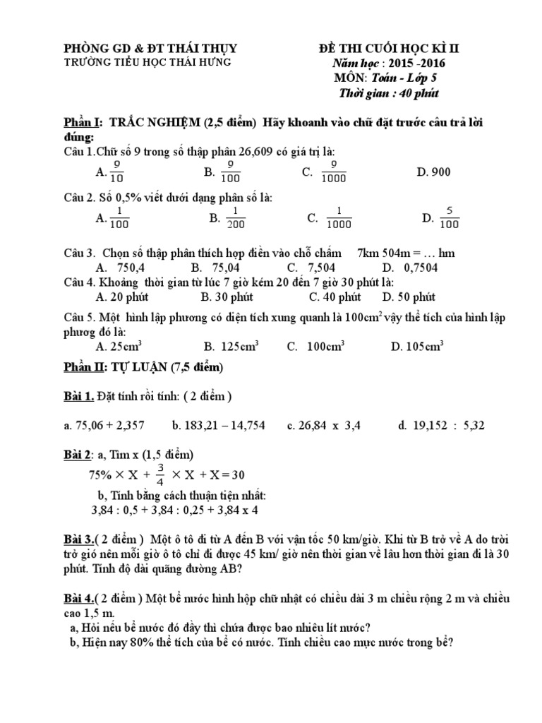 De Thi Cuoi Hoc Ki 2 Mon Toan 5 | PDF