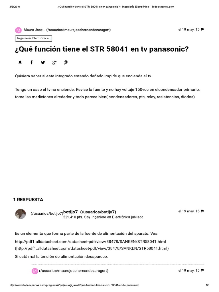 ¿Qué Función Tiene El STR 58041 en TV Panasonic - Ingeniería Electrónica - Todoexpertos | PDF ...