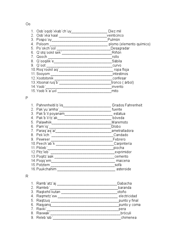 Palabras en Qéqchi Oo - P | PDF