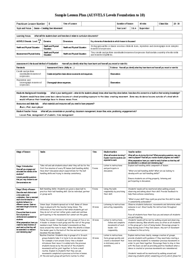 Year 3 and 4 Dance Lesson Plan | PDF | Physical Education | Classroom ...