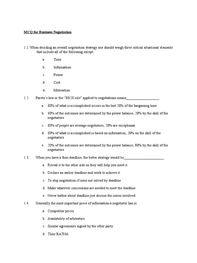 MCQ For Business Negotiation | PDF | Bargaining | Negotiation