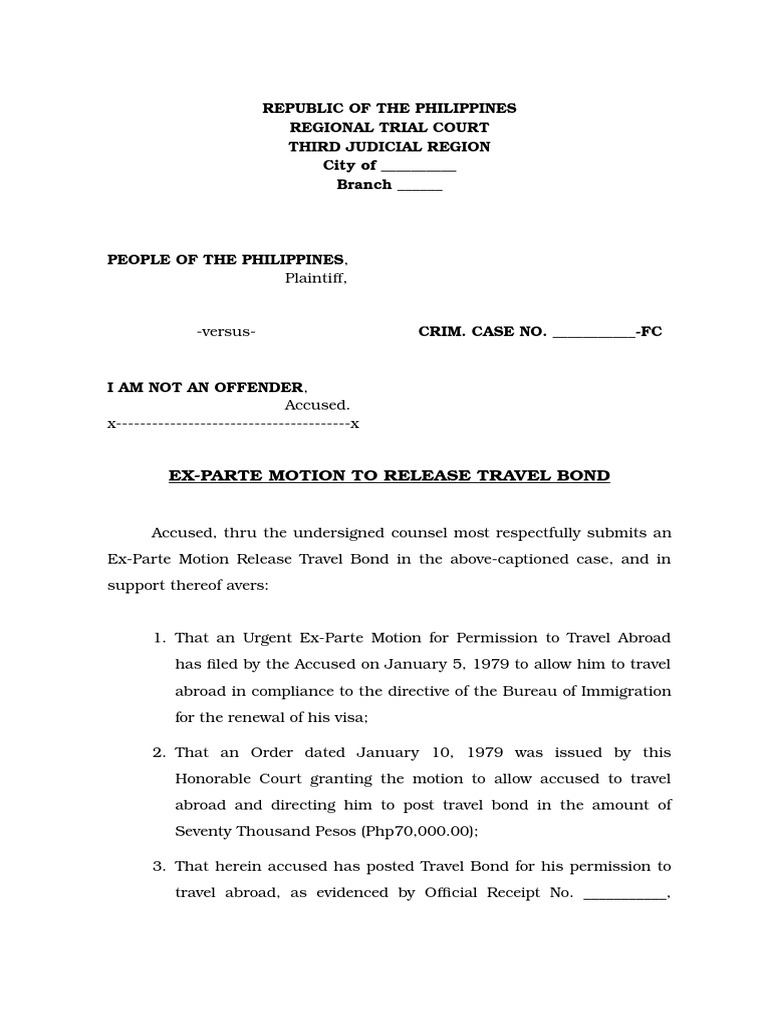 Motion To Release Travel Bond - Sample | PDF