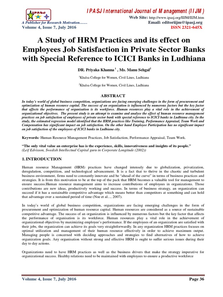 A Study of HRM Practices and Its Effect On Employees Job Satisfaction in Private Sector Banks ...