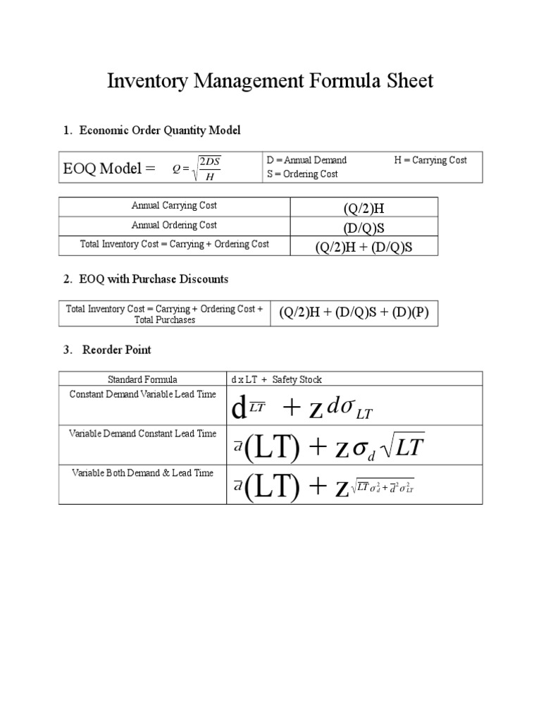 Inventory Management Formula Sheet 2010 | PDF