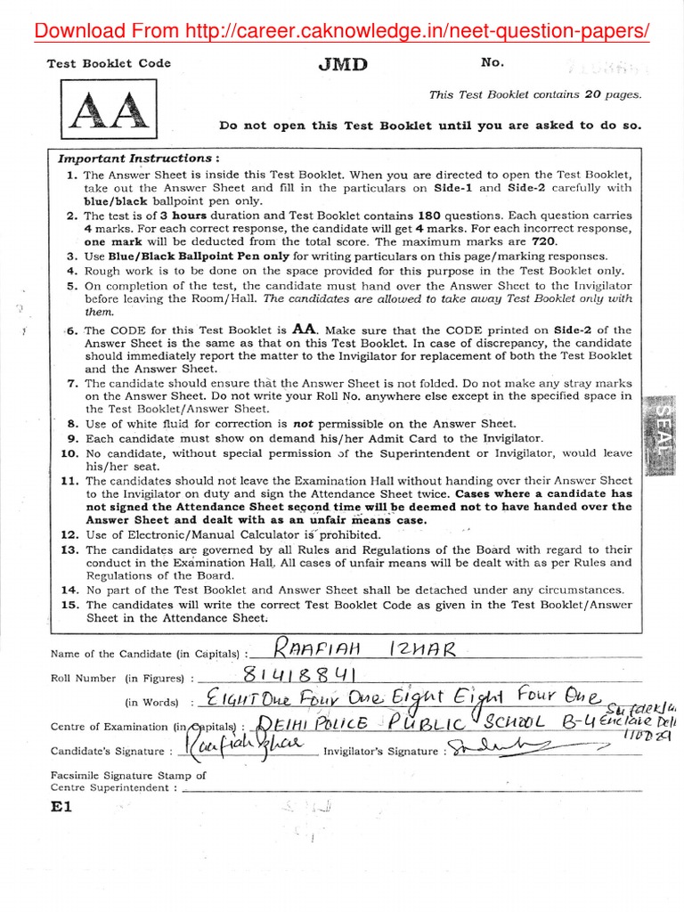 NEET 2016 Test Booklet Instructions | PDF