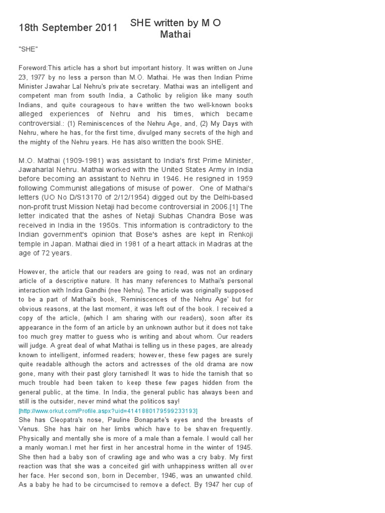 SHE Written by M O Mathai | PDF | Jawaharlal Nehru | Religion And Belief