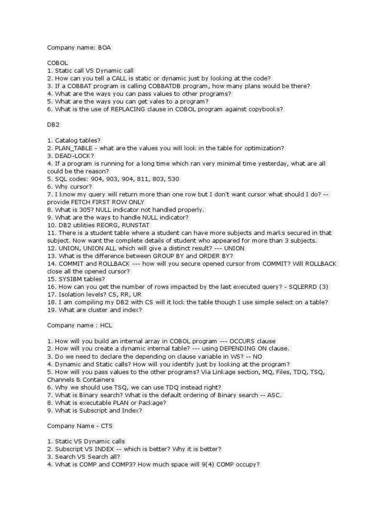 Interview Questions Consolidated Mainframe | PDF | Database Index ... Interview Questions Consolidated Mainframe | PDF | Database Index ...