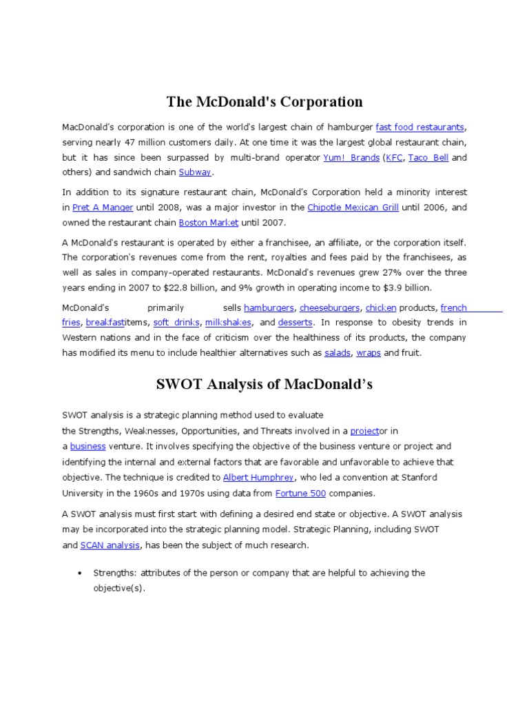 McDonald's Corporation SWOT Analysis | PDF | Mc Donald's | Swot Analysis