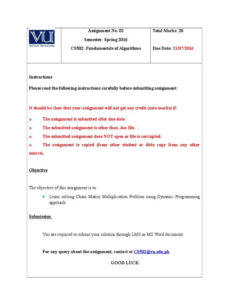 Assignment No 2 Cs 502 Solution | PDF | Dynamic Programming | Matrix ...