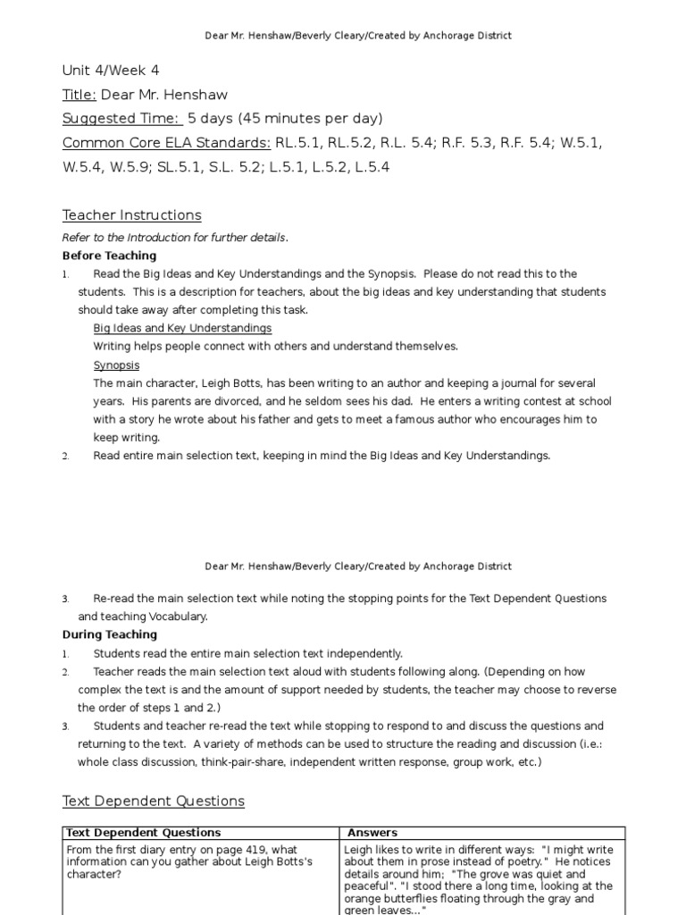Teaching "Dear Mr. Henshaw" Guide | PDF