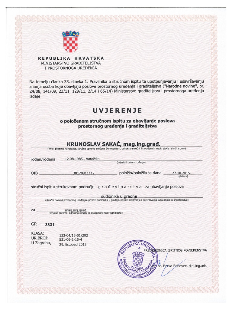 UVJERENJE - o Položenom Stručnom Ispitu Za Obavljanje Poslova ...