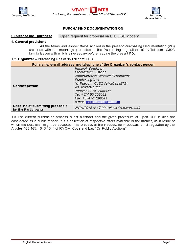 Evaluating Proposals for LTE USB Modems: Purchasing Documentation for K-Telecom CJSC's Open ...