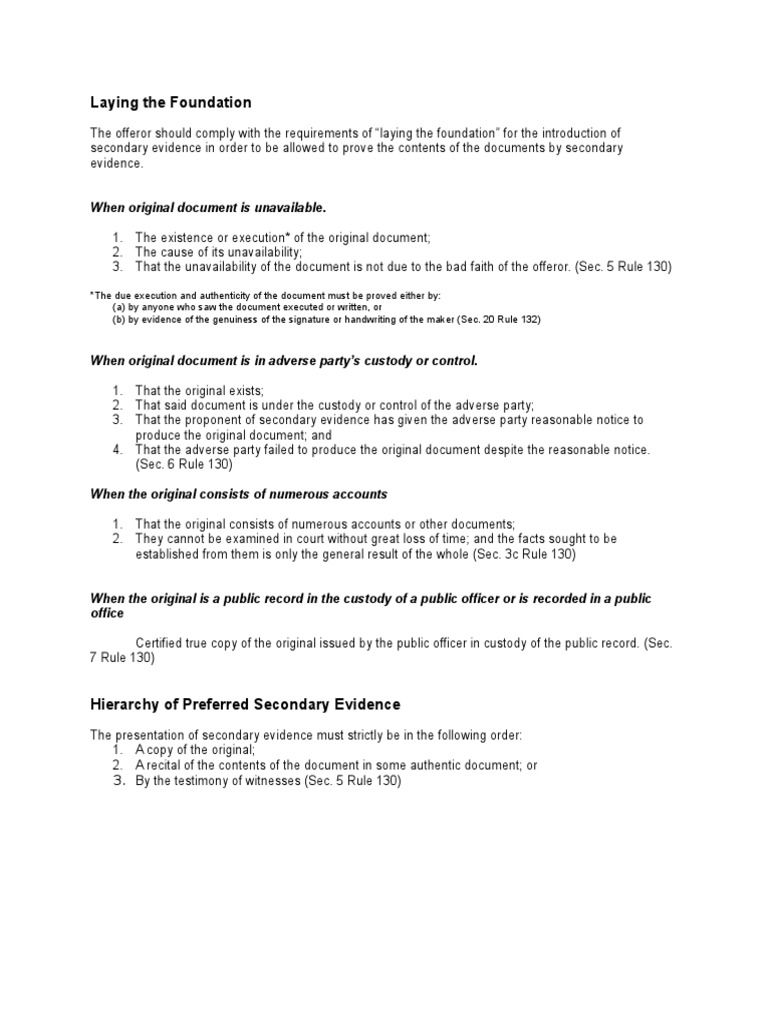 Presentation of Secondary Evidence