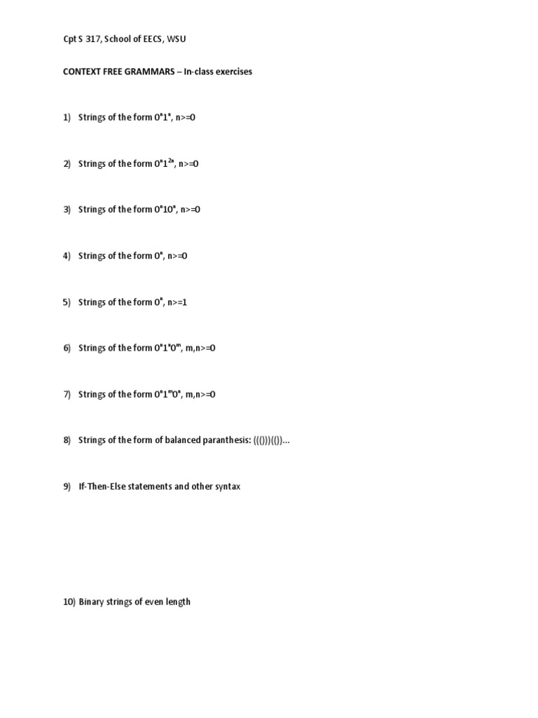 CONTEXT FREE GRAMMARS - in Class Exercises | PDF