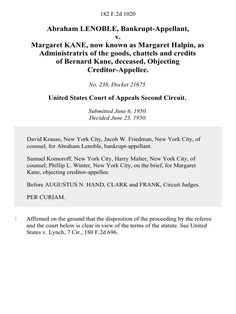 Abraham Lenoble, Bankrupt-Appellant v. Margaret Kane, Now Known as ...