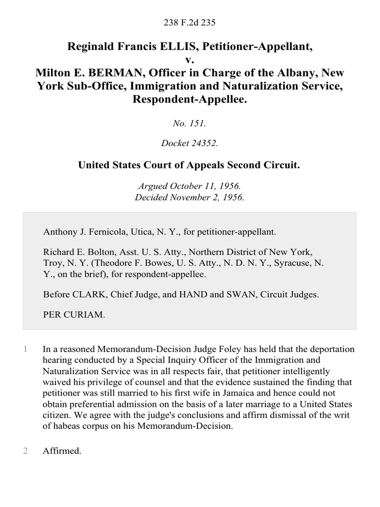 Reginald Francis Ellis v. Milton E. Berman, Officer in Charge of The ...