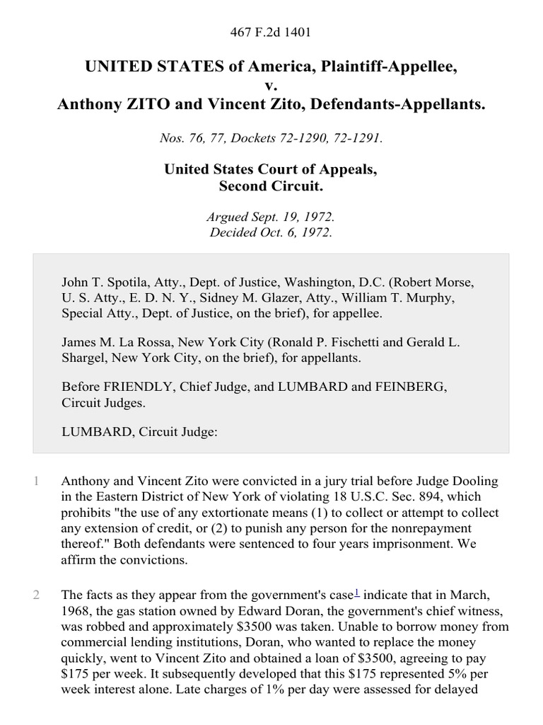 United States v. Anthony Zito and Vincent Zito, 467 F.2d 1401, 2d Cir ...