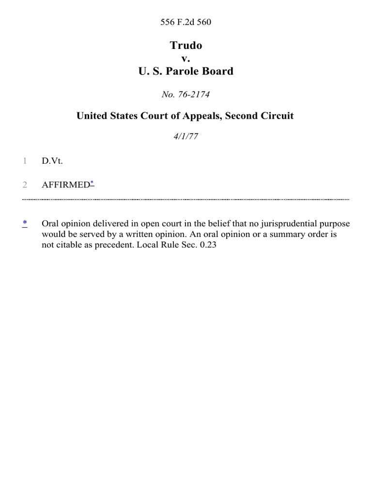 Trudo v. U. S. Parole Board, 556 F.2d 560, 2d Cir. (1977) | PDF | Law