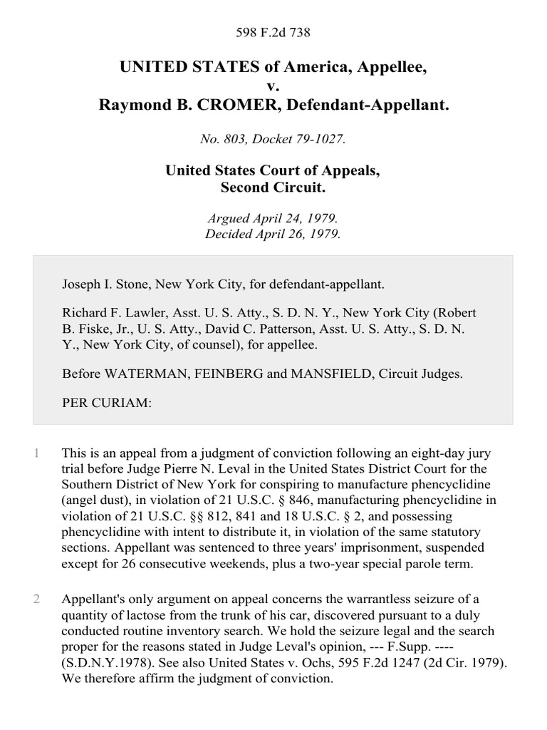 United States v. Raymond B. Cromer, 598 F.2d 738, 2d Cir. (1979) | PDF