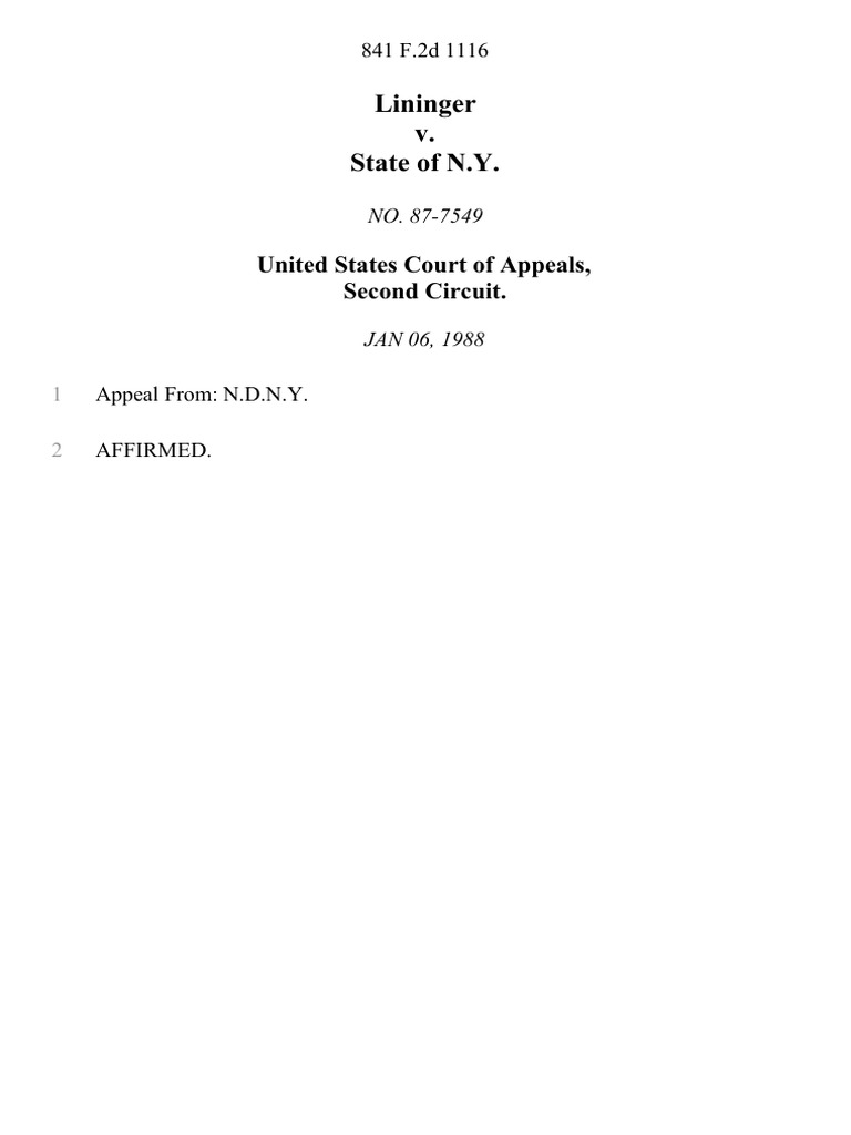 Lininger v. State of N.Y, 841 F.2d 1116, 2d Cir. (1988) | PDF