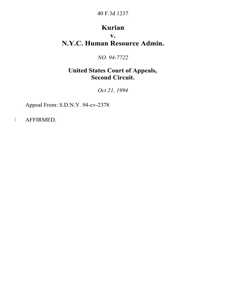 Kurian v. N.Y.C. Human Resource Admin, 40 F.3d 1237, 2d Cir. (1994 ...