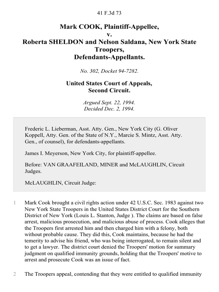 Mark Cook v. Roberta Sheldon and Nelson Saldana, New York State ...