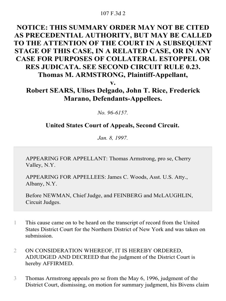 Thomas M. Armstrong v. Robert Sears, Ulises Delgado, John T. Rice, Frederick Marano, 107 F.3d 2 ...