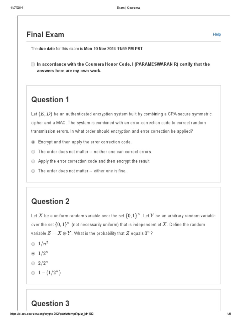 Final Exam - Crypto 1 - Attempt1 PDF | PDF | Key (Cryptography ...