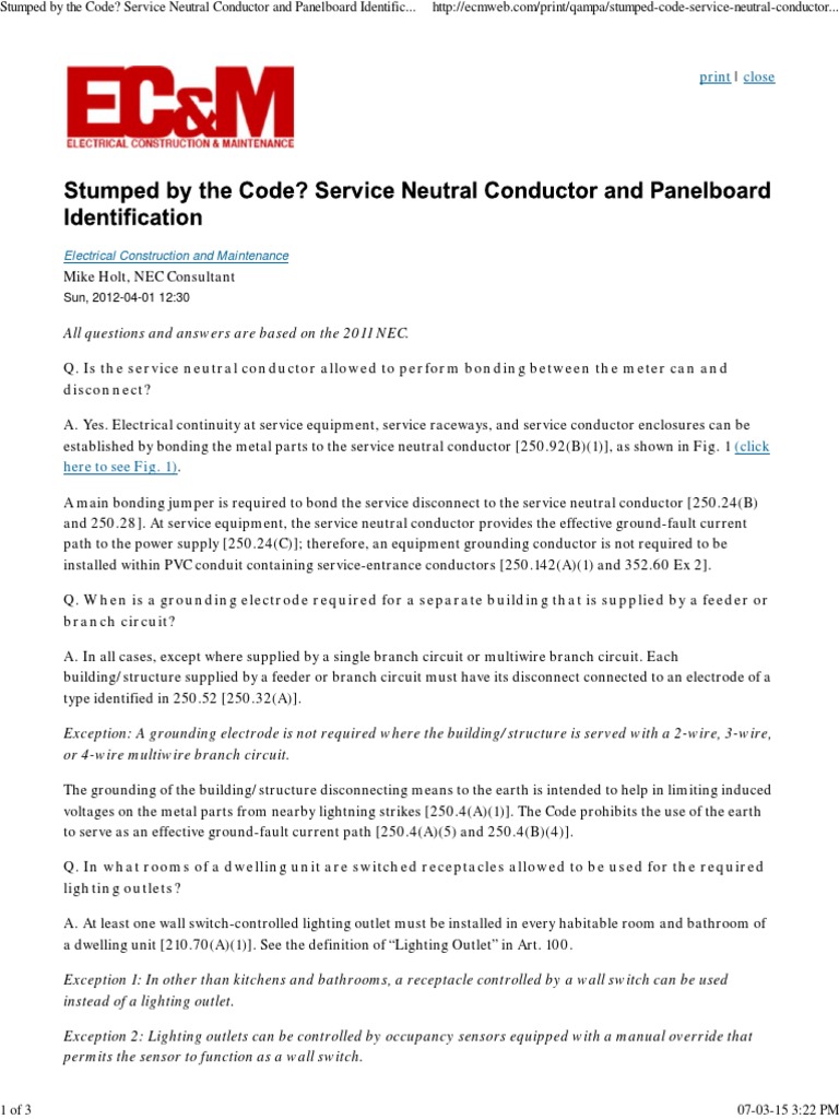 Service Neutral Conductor and Panelboard Identification | PDF ...