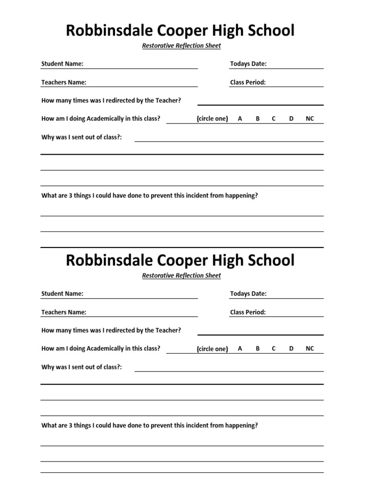 Middle School Restorative Reflection Sheet | PDF