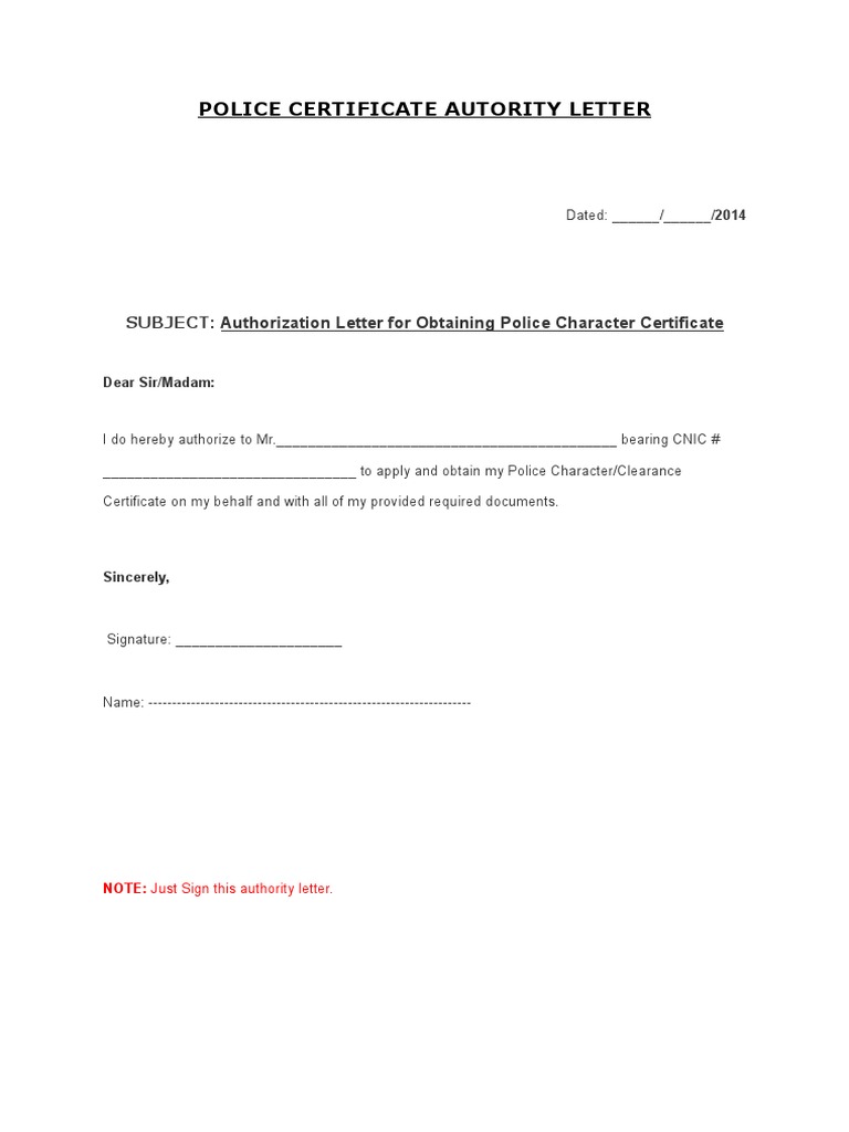 Authorization for Police Clearance Certificate | PDF | Finance & Money ...