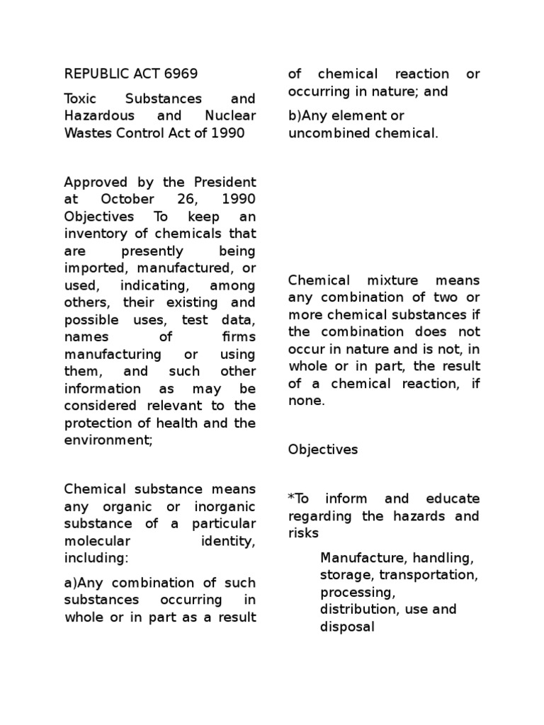 RA 6969: Toxic Substances Control Act | PDF | Chemical Substances ...