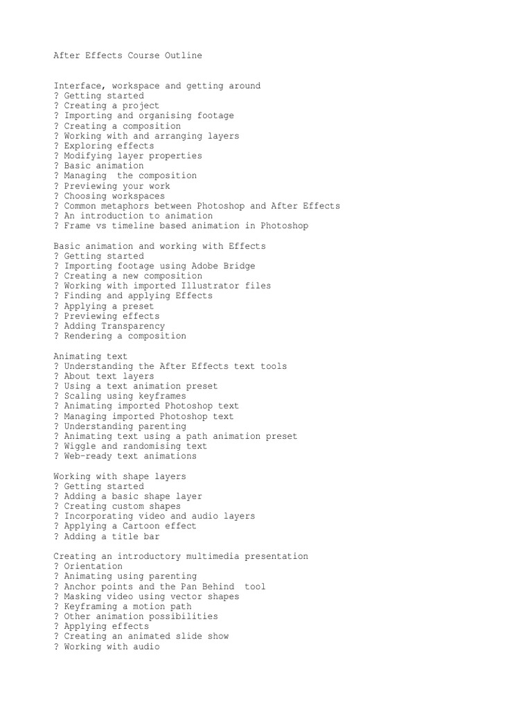 Adobe After Effects CC Course Outline | PDF | Adobe Photoshop | 3 D ...