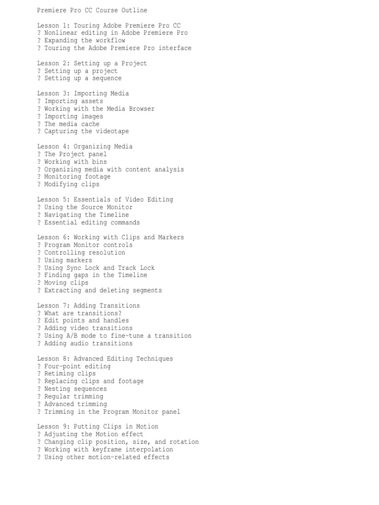 Adobe Premiere Pro CC Course Outline | PDF | Video | Software
