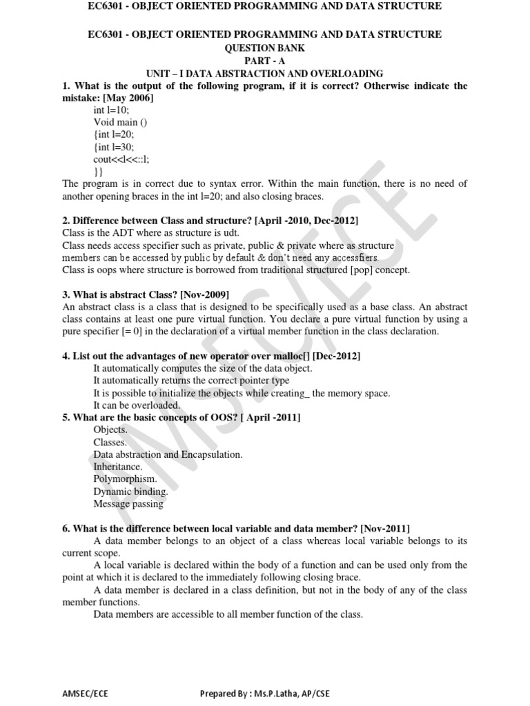 Ec6301 - Object Oriented Programming and Data Structure | PDF | Class (Computer Programming ...