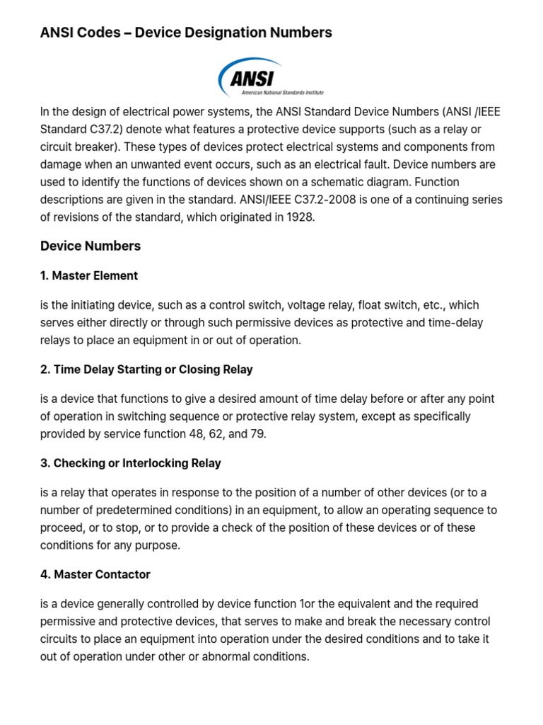 ANSI Codes - Device Designation Numbers - EEP | PDF | Relay | Switch