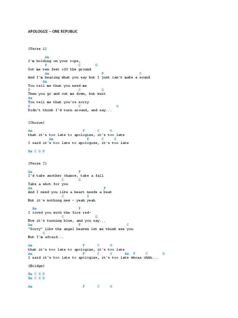 Apologize - Chords | PDF | Song Structure | Songs