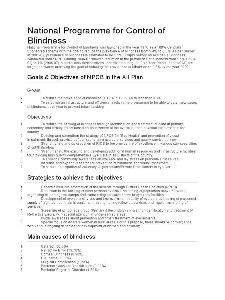 National Programme for Control of Blindness | PDF | Visual Impairment ...