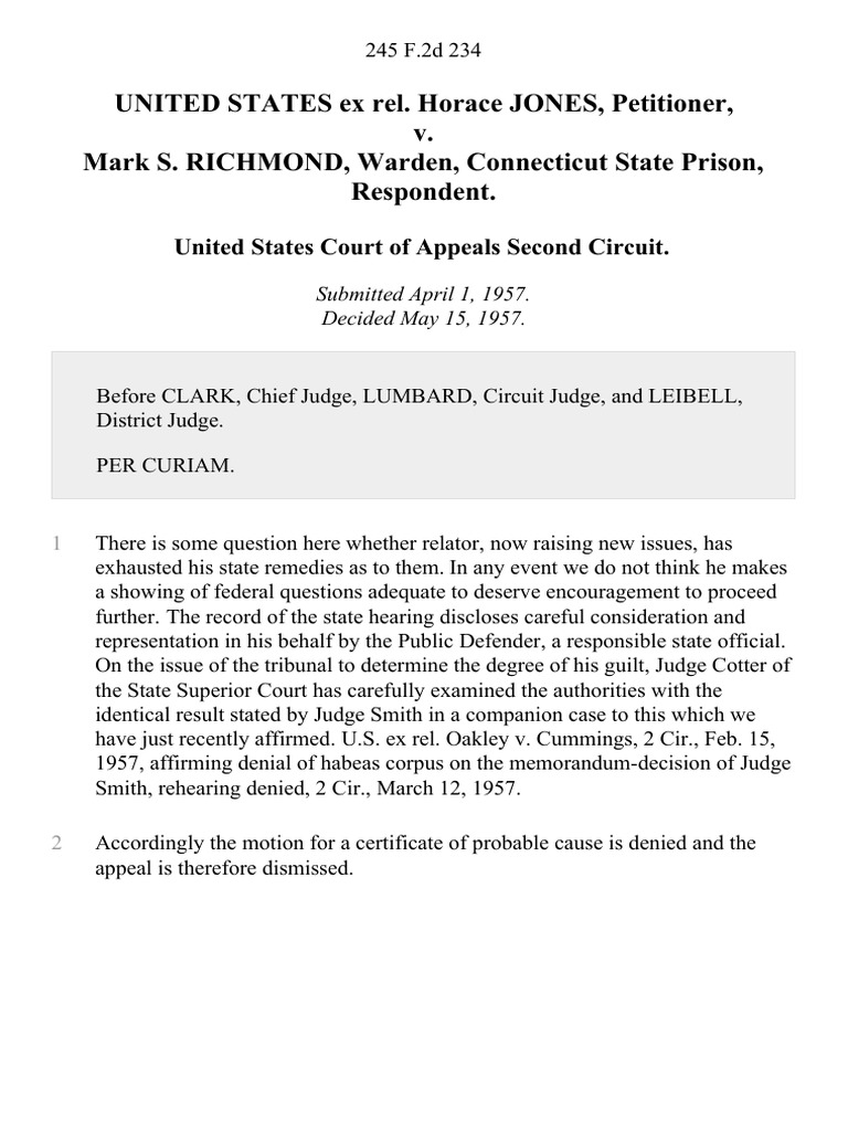 UNITED STATES Ex Rel. Horace JONES, Petitioner, v. Mark S. RICHMOND ...