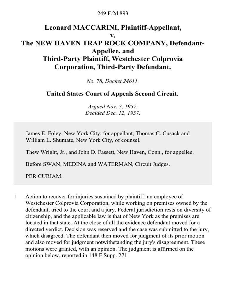 Leonard MacCarini v. The New Haven Trap Rock Company, and Third-Party ...