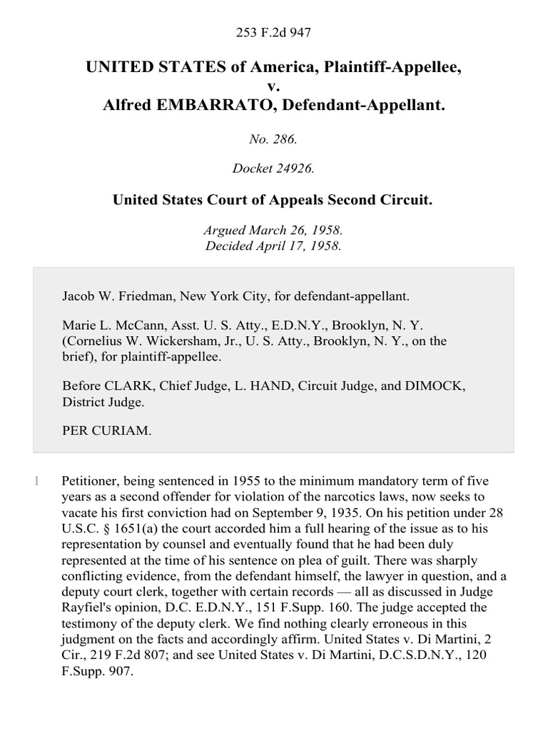United States v. Alfred Embarrato, 253 F.2d 947, 2d Cir. (1958) | PDF