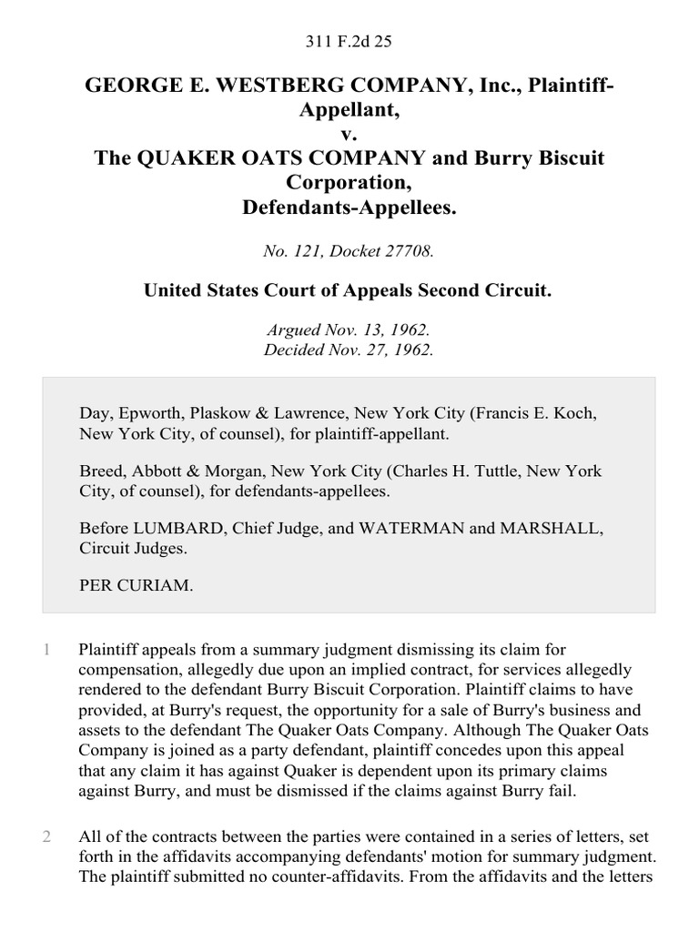 George E. Westberg Company, Inc. v. The Quaker Oats Company and Burry ...